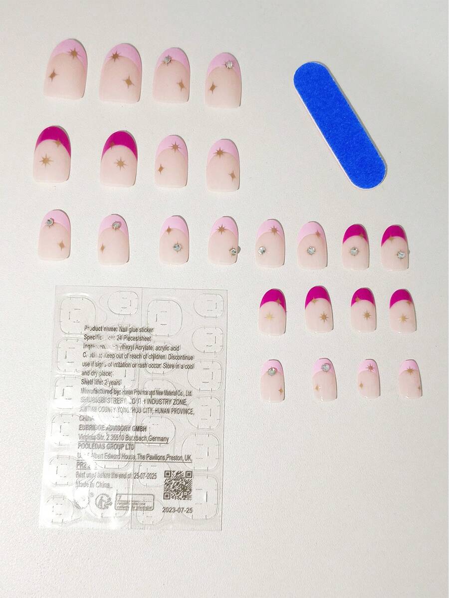 24pcs Short Oval French Tips Starry Accent Fake Nail & 1pc Nail File ...