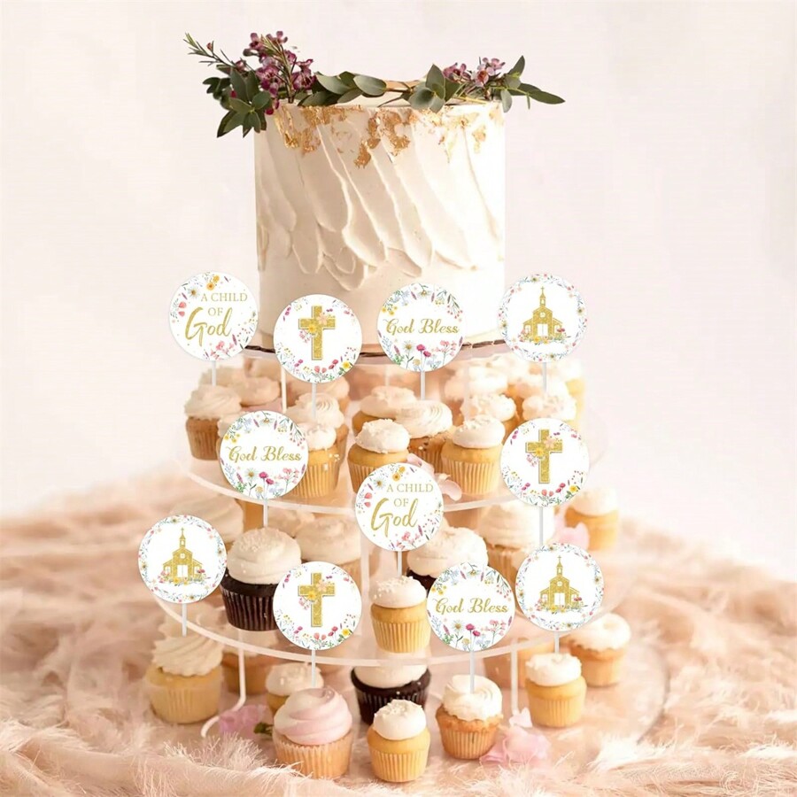 36Pcs Wild Flower Baptism Cupcake Toppers, God Bless Cross Cupcake ...