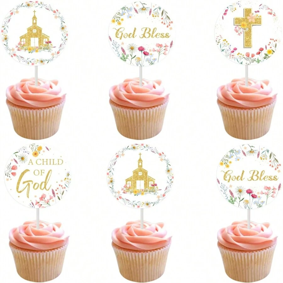 36Pcs Wild Flower Baptism Cupcake Toppers, God Bless Cross Cupcake ...