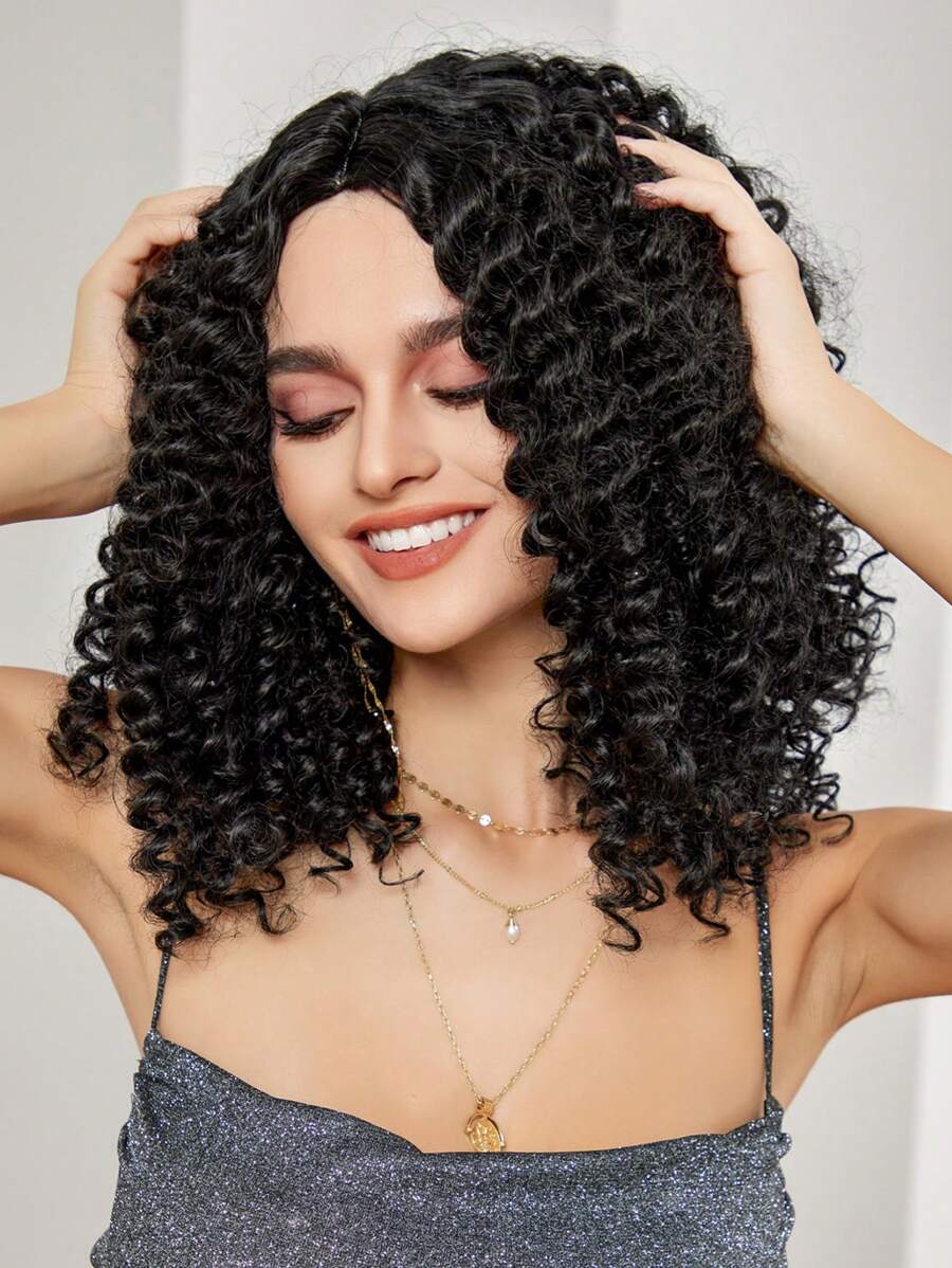 16 "Black Stretch Fluffy Long Curly Holiday Party Wig Cute Girl Wig ...