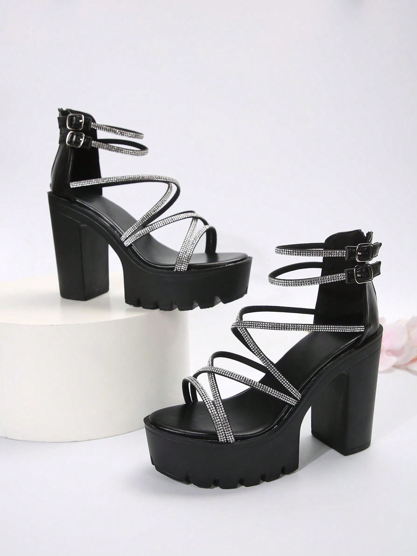 Women's High Heel Thick Platform Waterproof Rhinestone Fashion Model ...