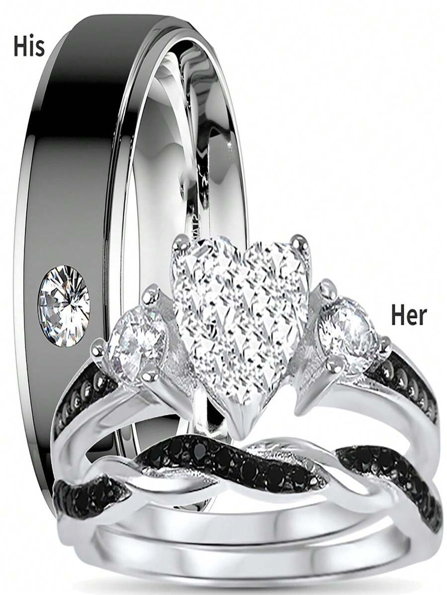 His And Hers Couple Rings Silver & Black Wedding Engagement Promise ...