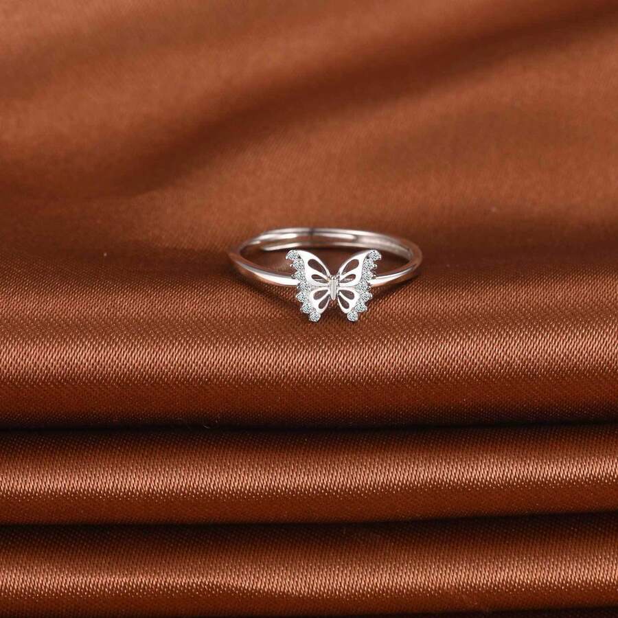 1pc Adjustable Butterfly Shaped Cubic Zirconia Open Ring For Women, 925 ...