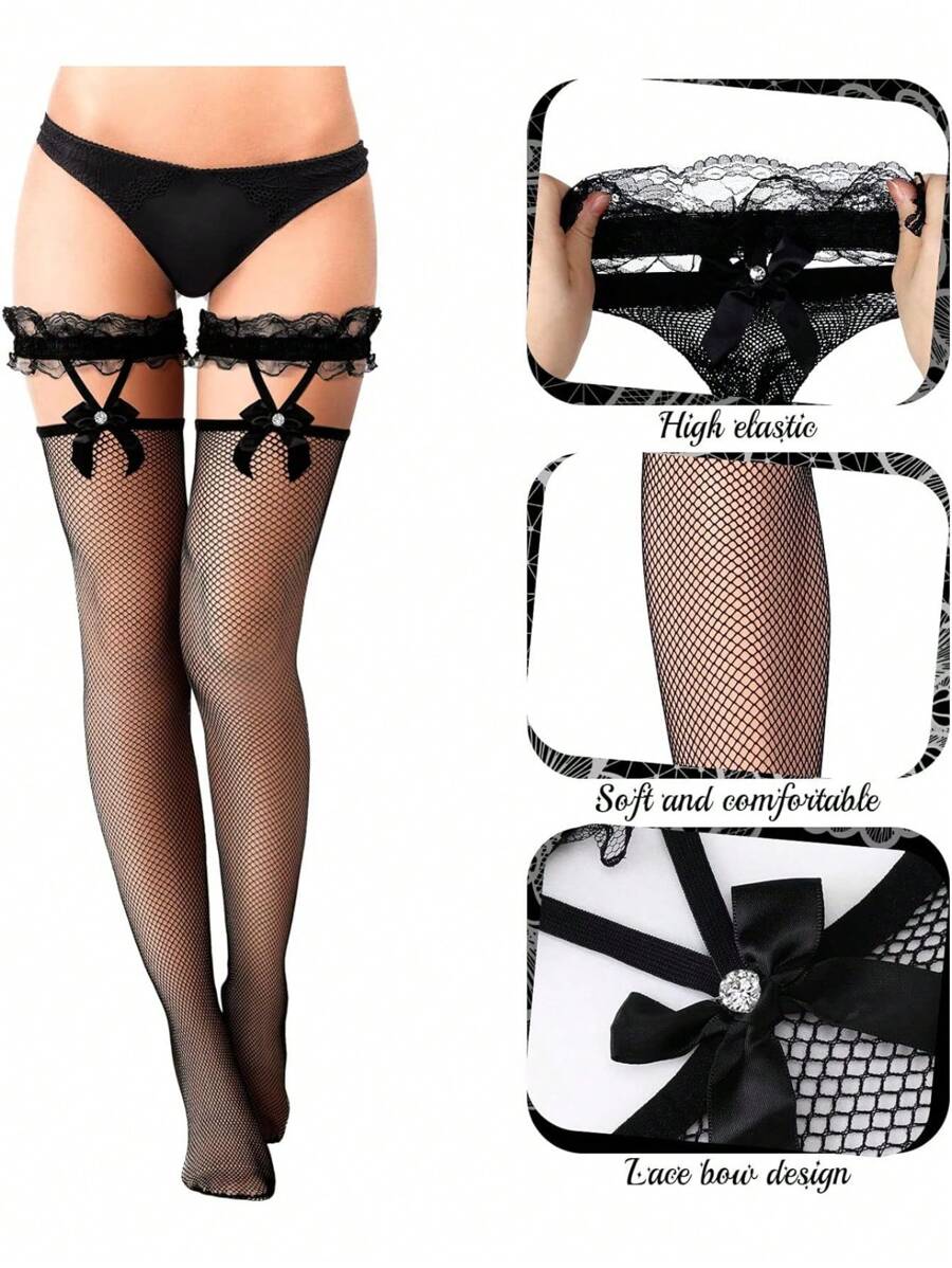2 Pairs Lace Top Fishnet Stockings Bow Suspenders Thigh High Stockings Mesh Hold Up Stockings ...
