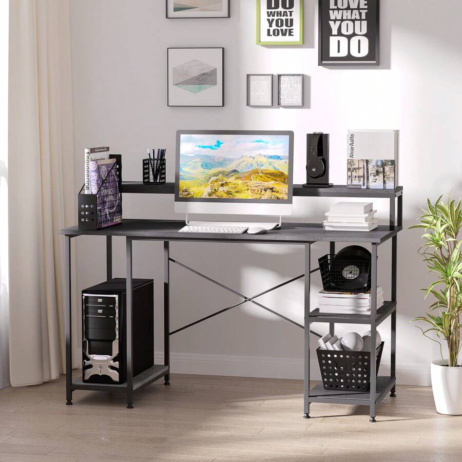 HOMCOM Computer Desk With Shelves Home Office Gaming Table Workstation ...