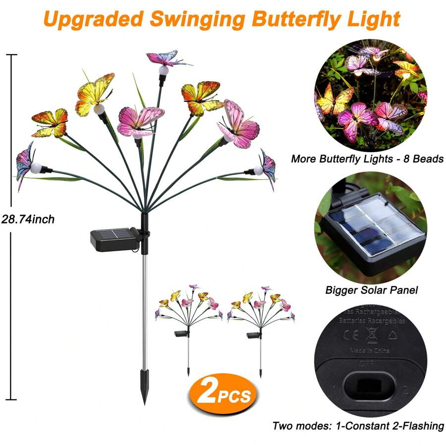 Solar Garden Lights, 2 Pack 16 LED Firefly Lights Butterfly Light ...