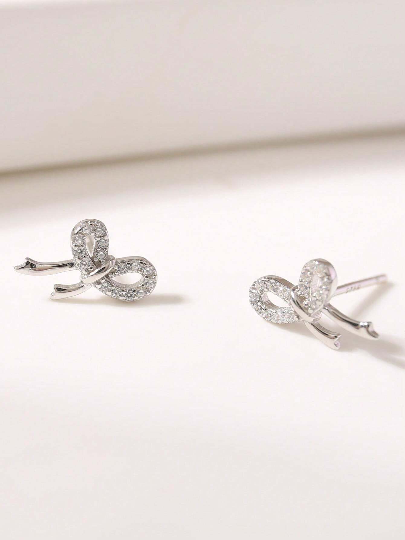 1pair Fashionable Simple 925 Sterling Silver Artificial Bowknot Design Stud Earrings Suitable ...