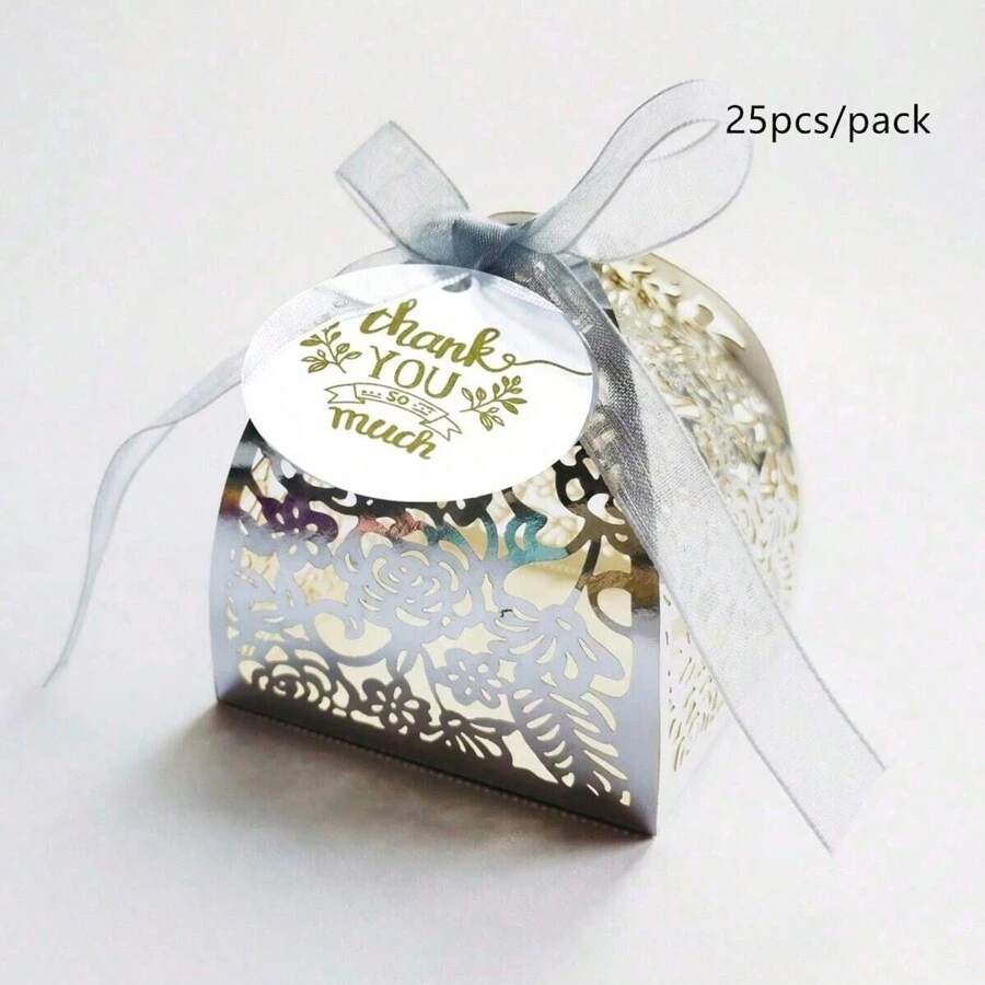 25pcs Reflective Silver Rose Flower Candy Boxes With Thank You Tag ...