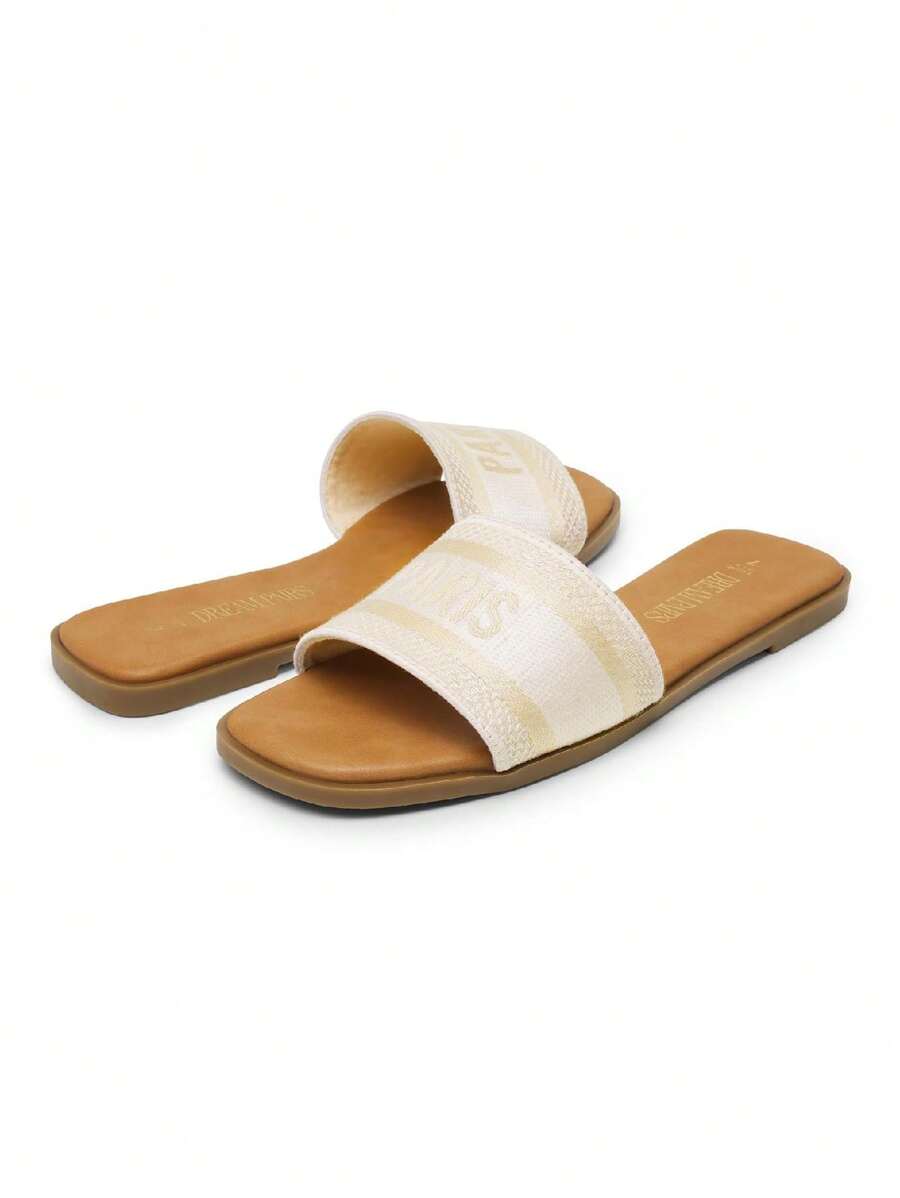 Women's Slides Sandals Slip On Square Open Toe Jacquard Braided Fashion ...