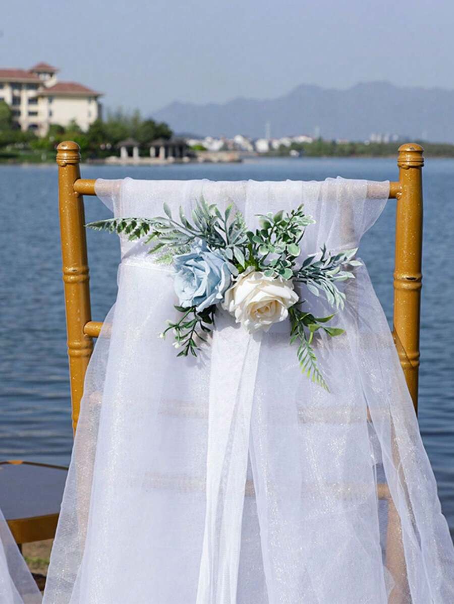 Set Of 6 Artificial Chair Back Flowers With Ribbon For Wedding Aisle ...