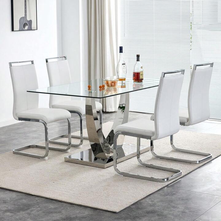 Sumdeal 63 Glass Dining Table Set For 4 Modern Dining Room Table Set For 4 Kitchen Table And PU Leather Chairs Set For 4 Dinner Table With Rectangle Tempered Glass Top And Chrome