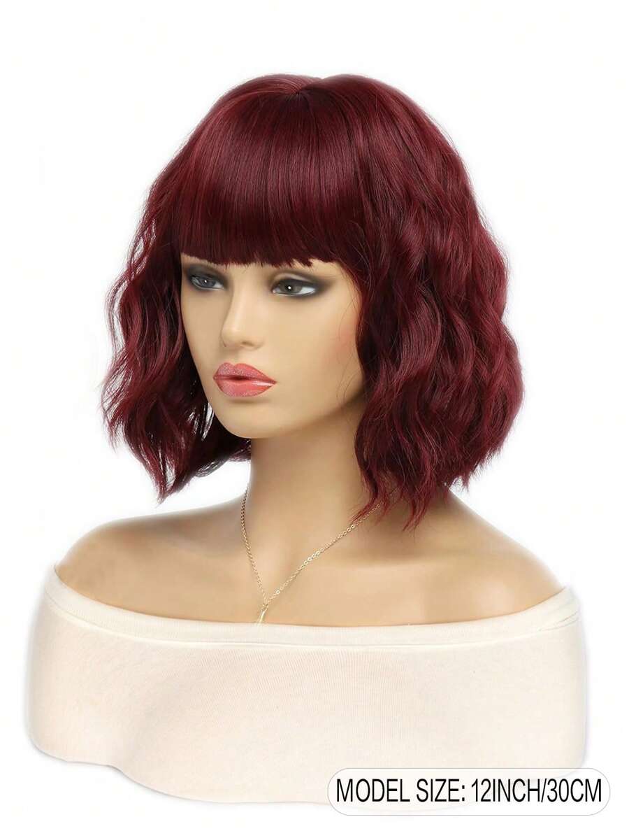12 Inch Red Short Wave Wig With Bangs Synthetic Wig Beginner Friendly ...
