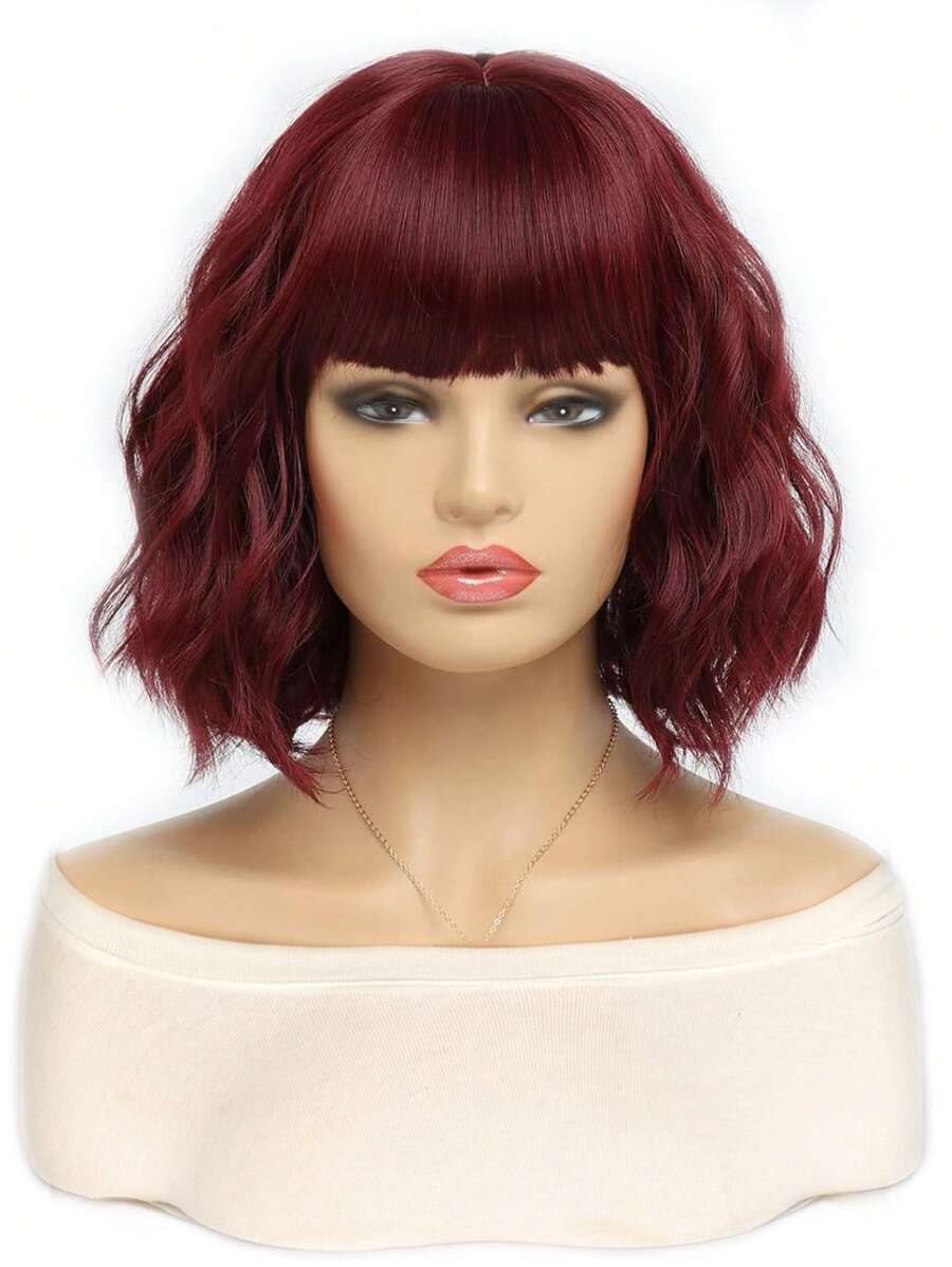 12 Inch Red Short Wave Wig With Bangs Synthetic Wig Beginner Friendly ...