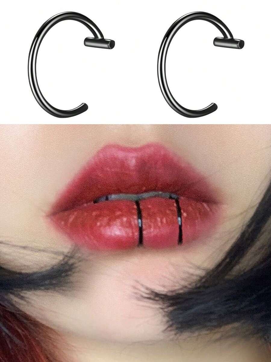 2pcs Black Punk Style Non-Piercing Lip Ring, Fashionable Personalized ...