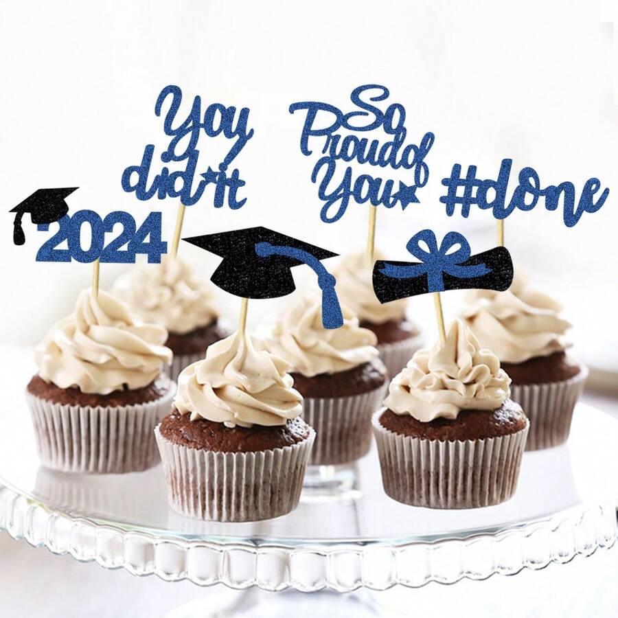 2024 Blue & Black Collection Graduation Cake Toppers Set With 6 Paper ...