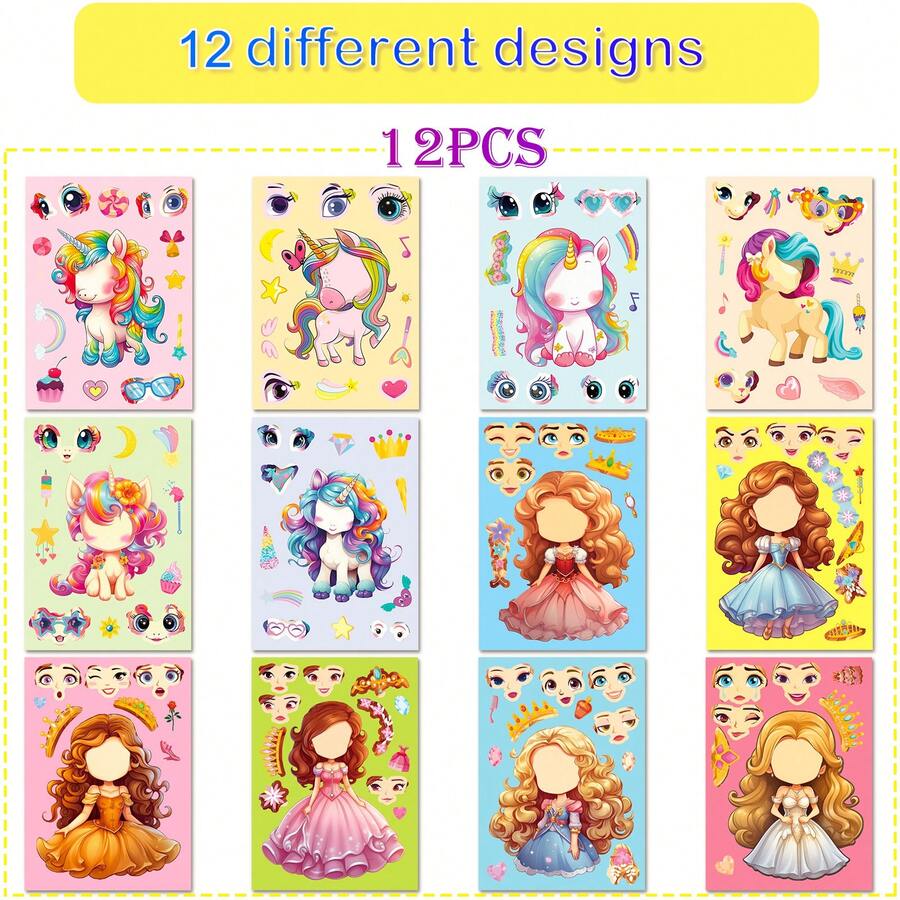 12 Sheets Cute Make A Face Stickers, Make Your Own Unicorn Princess ...