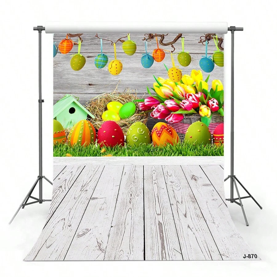 Spring Scenery Wooden Floor Backdrops Easter Eggs Plants Trees Children ...