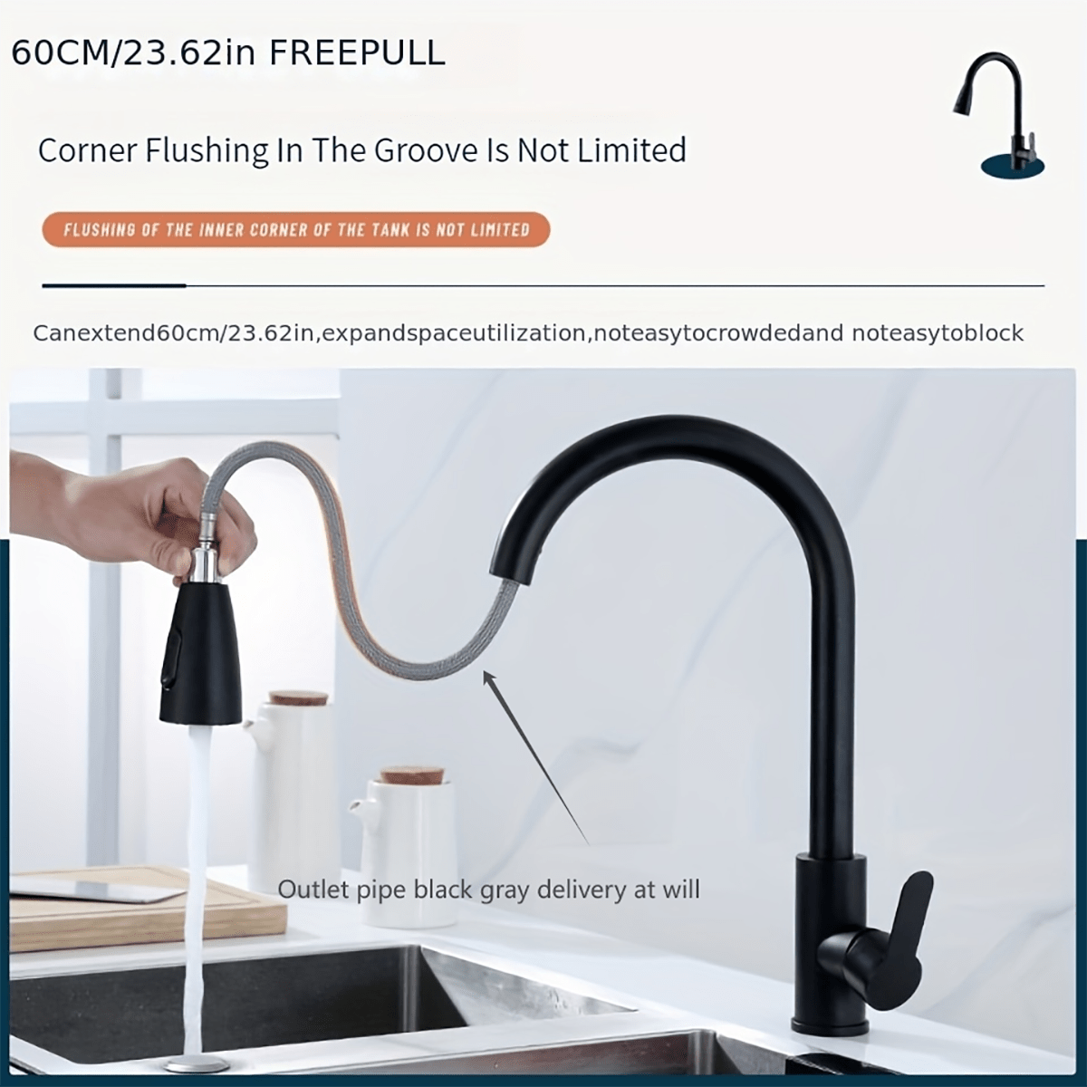 1pc Black Paint Pull-Down Kitchen Faucet, Hot & Cold Water, Household ...