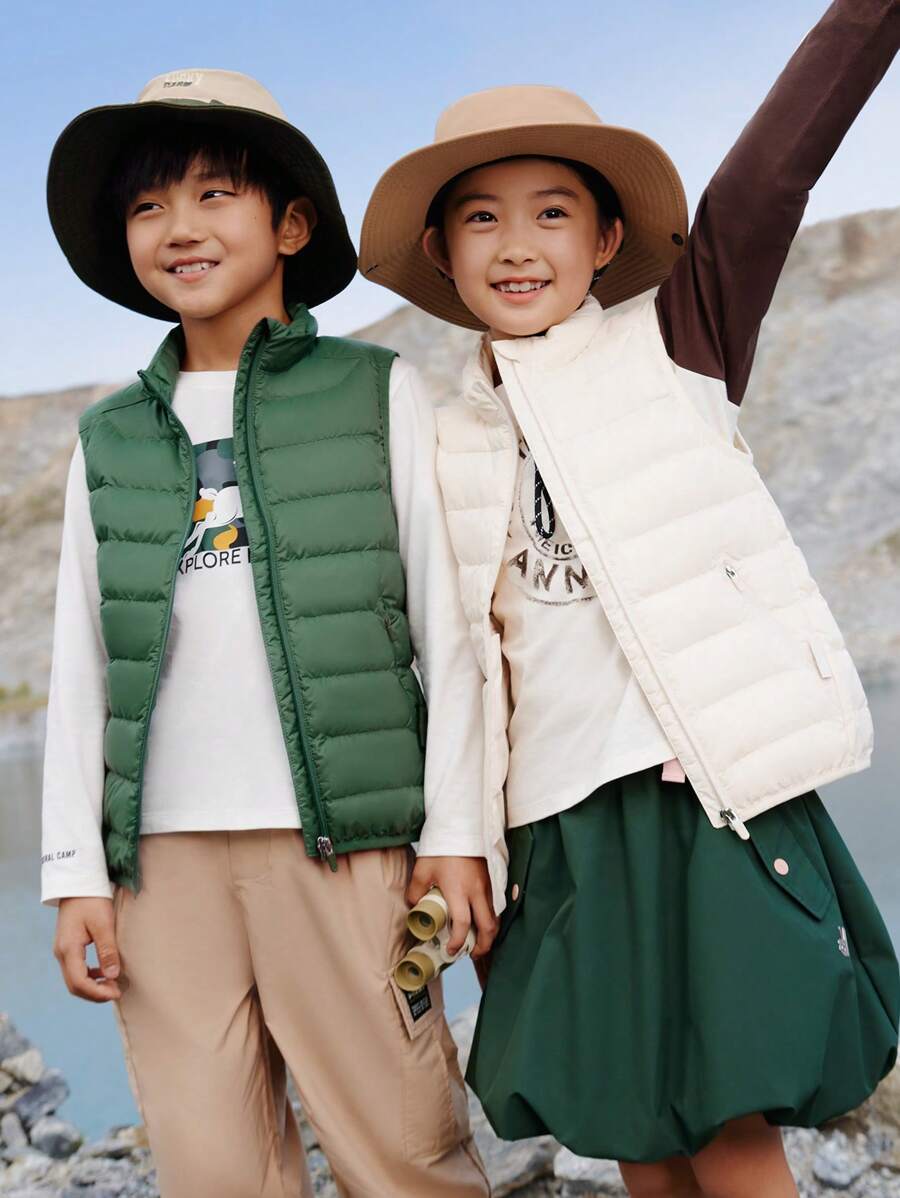 Annil Boys And Girls' Standing Collar Down Warm Vest Green | SHEIN ...