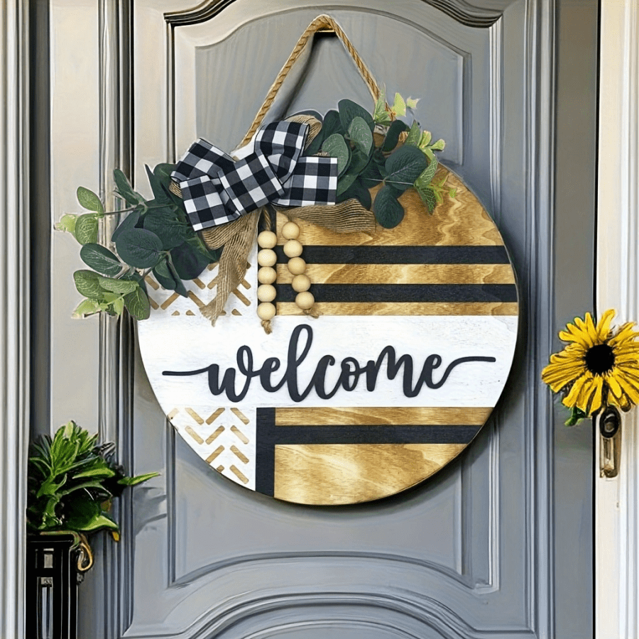Welcome Sign Front Door Wreath, 12 Inch Round Wooden Hanging Sign ...