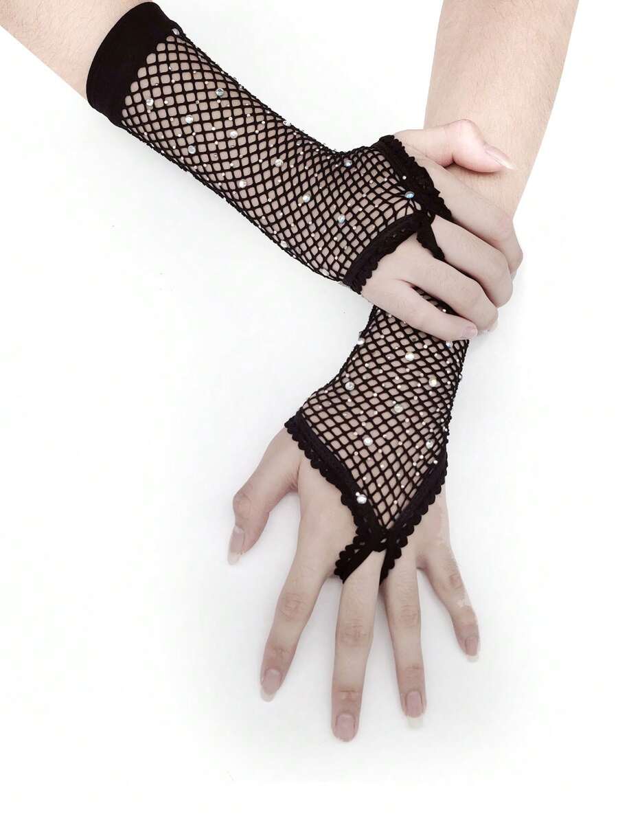 1pair Women's Black Fishnet Rhinestone Decor Fingerless Arm Sleeves For ...