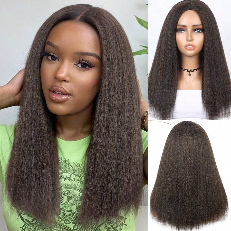 18 Inch Kinky Straight Synthetic Yaki Wig Fluffy Soft Kinky Straight ...