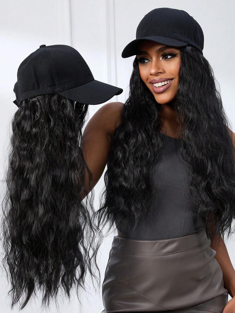 Hat Long Curly Wavy Hair Wigs With Baseball Cap Adjustable Black ...