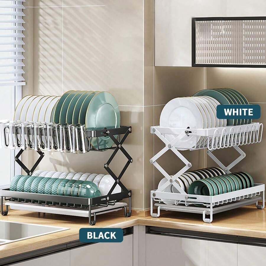 Double-Layer Dish Drainer, Foldable Plate Storage Rack For Space Saving ...