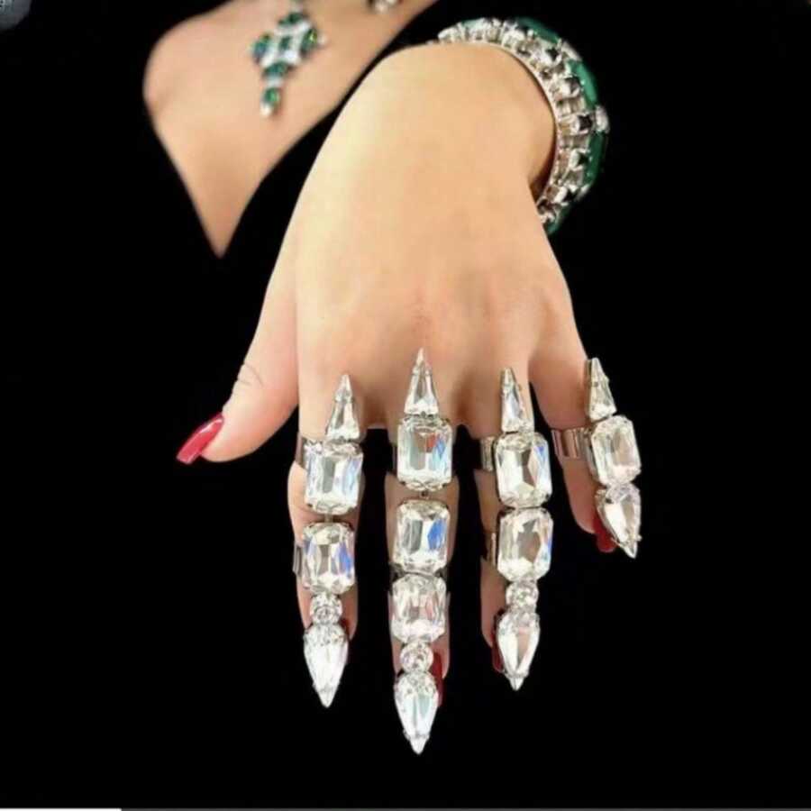 Exaggerated 4 Pcs Rhinestone Square Adjustable Finger Rings Set Hand ...