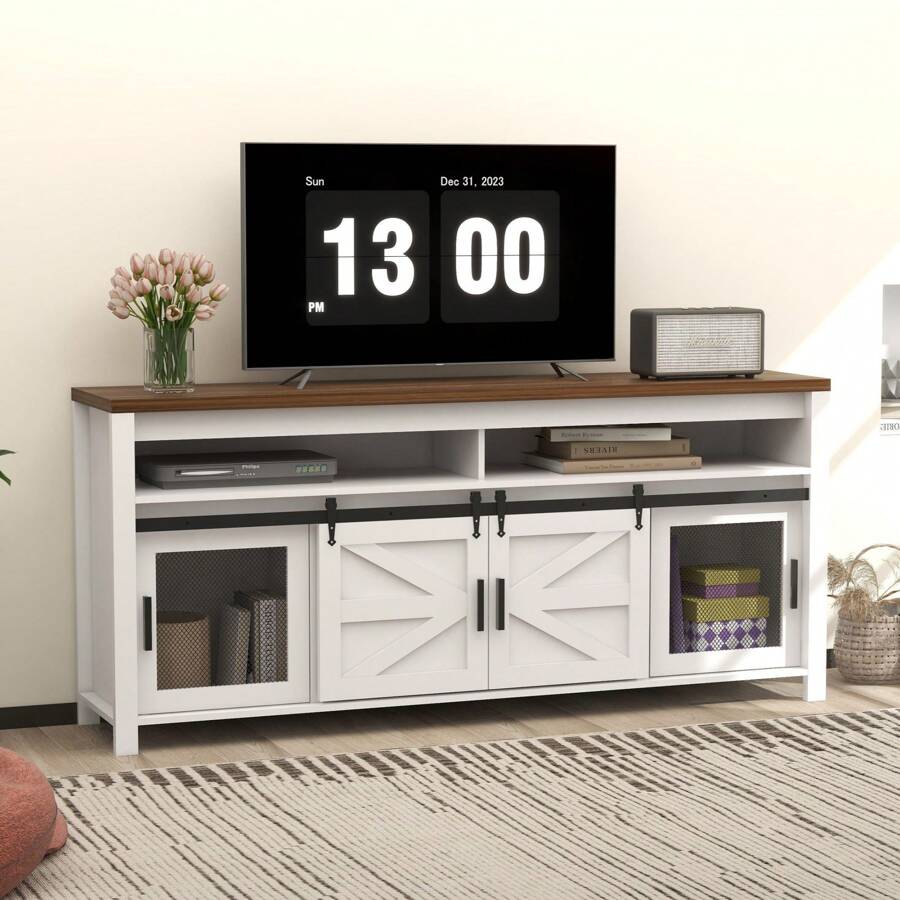 65-Inch Farmhouse TV Stand - Antique White Wood Entertainment Center ...