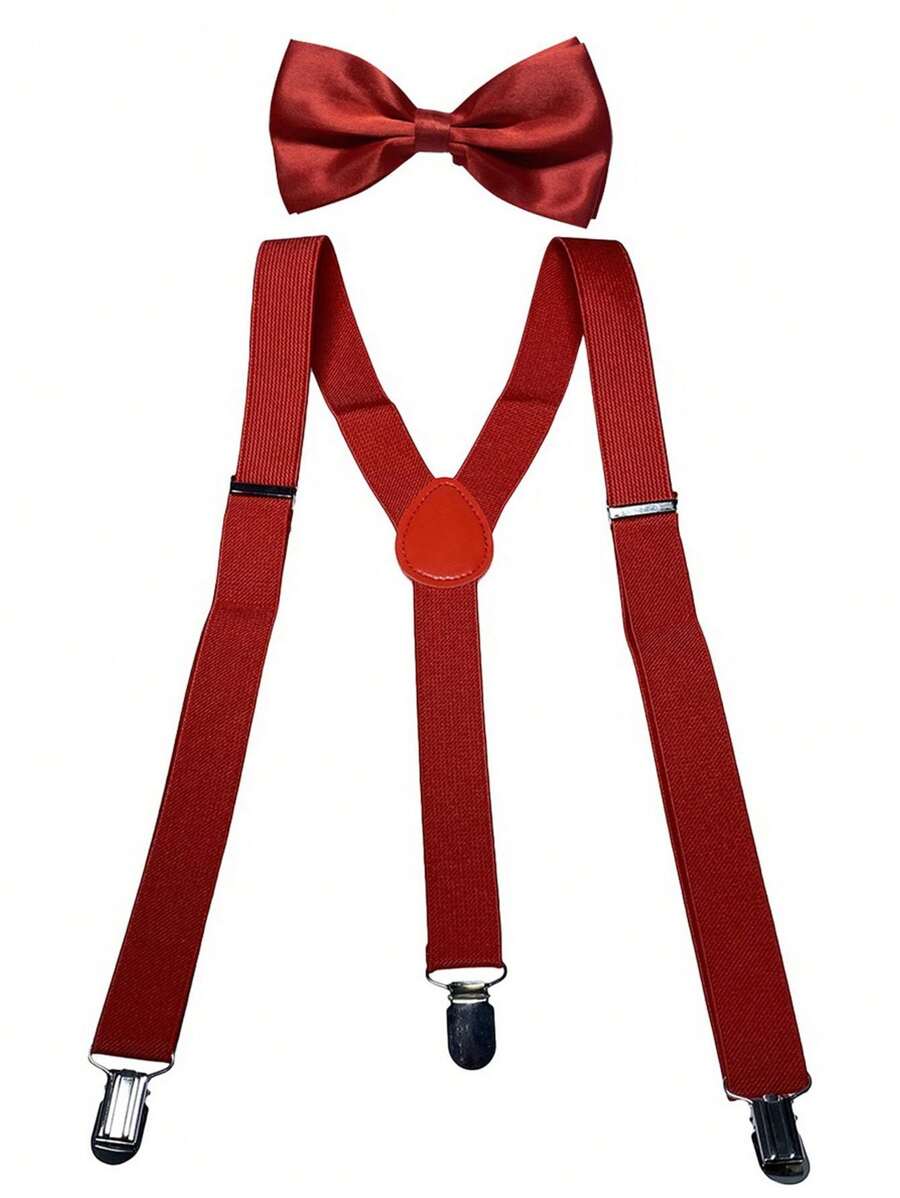 1set Adult Y-Shaped Braces And Bow Tie Set, Unisex Solid Color 3 Clips ...