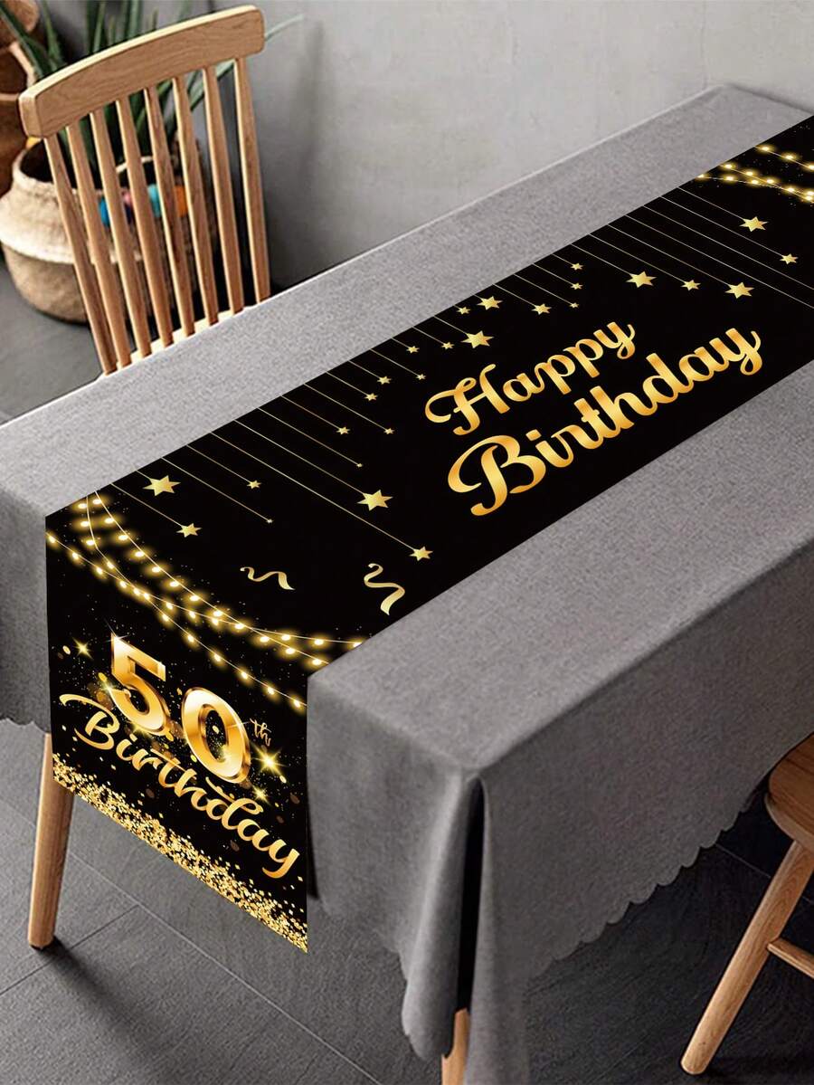 1pc 35*180cm Black Gold 50th Birthday Polyester Material Table Runner ...