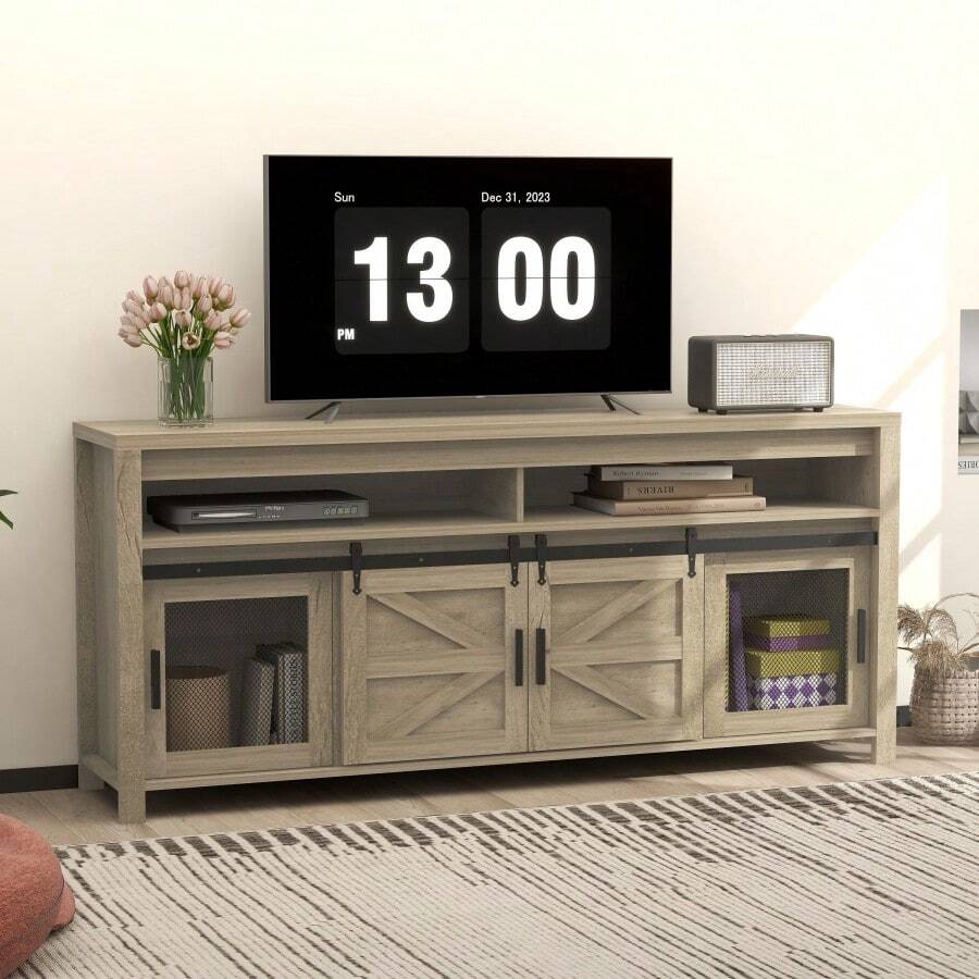 65-Inch Farmhouse TV Stand - Antique White Wood Entertainment Center ...