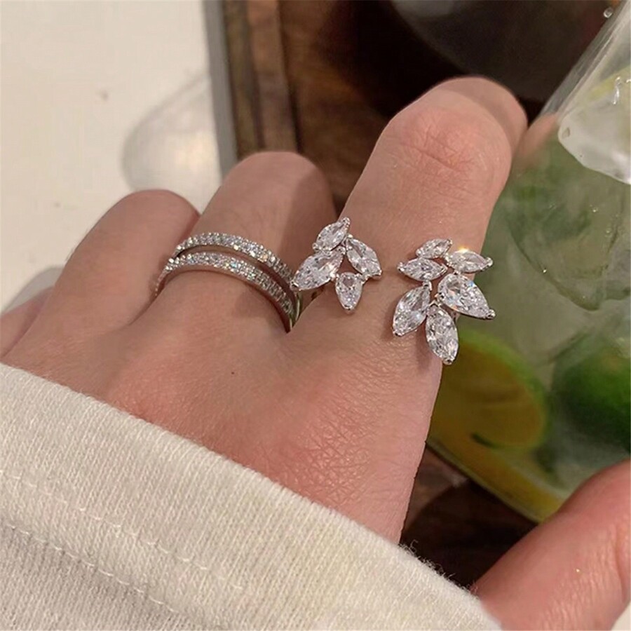 VKHK 2pcs/Set Luxury Cubic Zirconia Leaf Shaped Fully Studded Open Ring ...