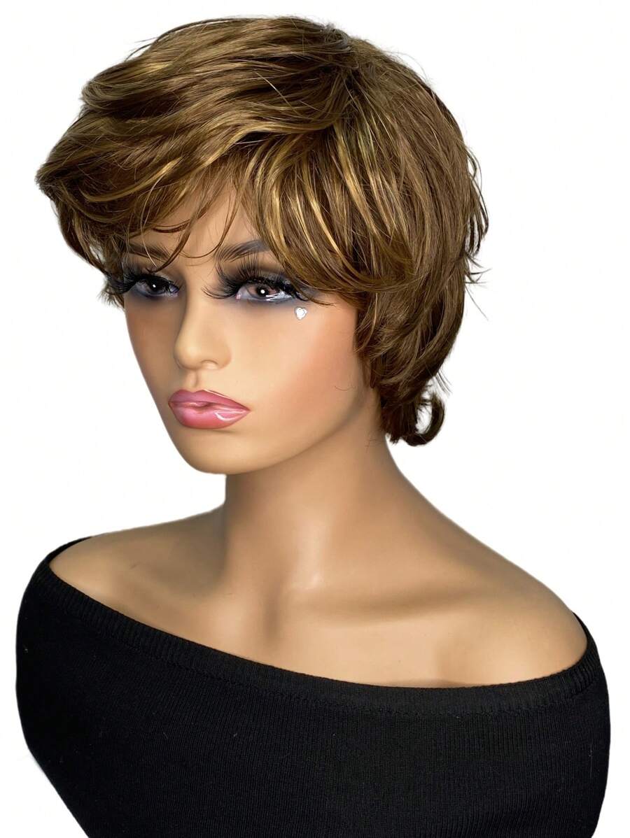 Synthetic Wig For White Women Brown Mixed Blonde 8 Inch Pixie Cut Wig ...