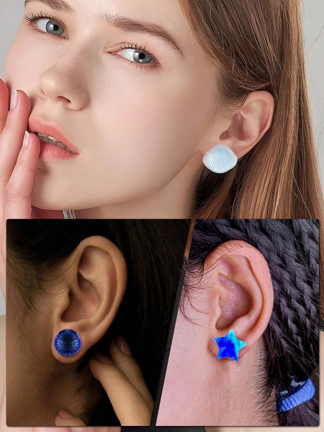 2PCS Glass Handmade Ear Plugs Glass Shell Teardrop Heart Shape Blue ...