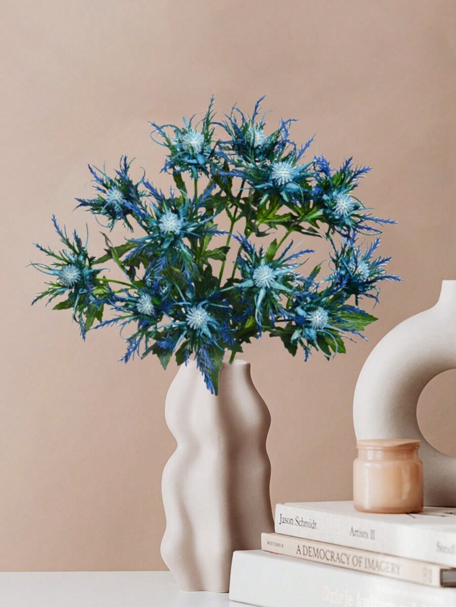12 Heads Blue Artificial Thistle Flowers Bouquet 25.6inch, Silk Fake ...