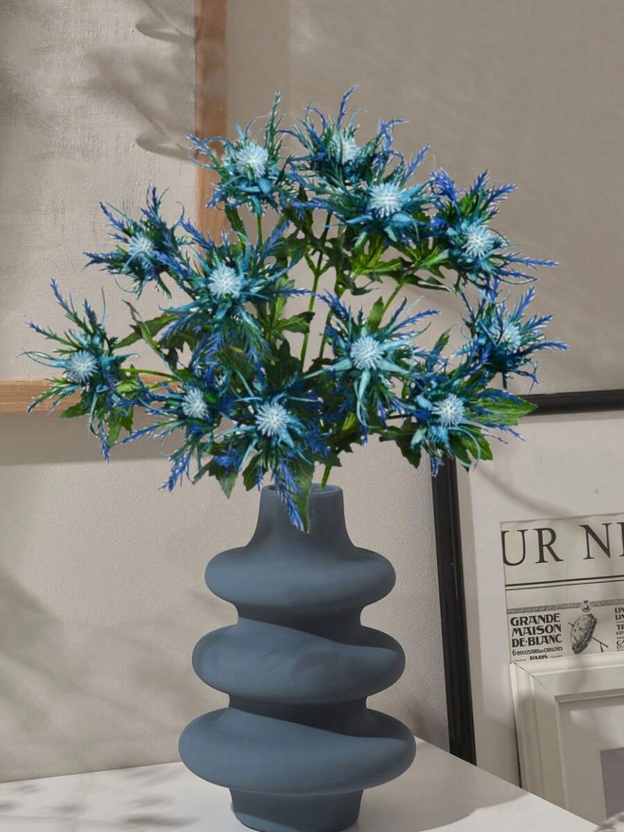 12 Heads Blue Artificial Thistle Flowers Bouquet 25.6inch, Silk Fake ...