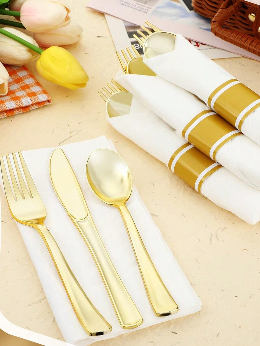 1set/2set/4set Gold-Colored Plastic Cutlery With Scrolled Edges ...