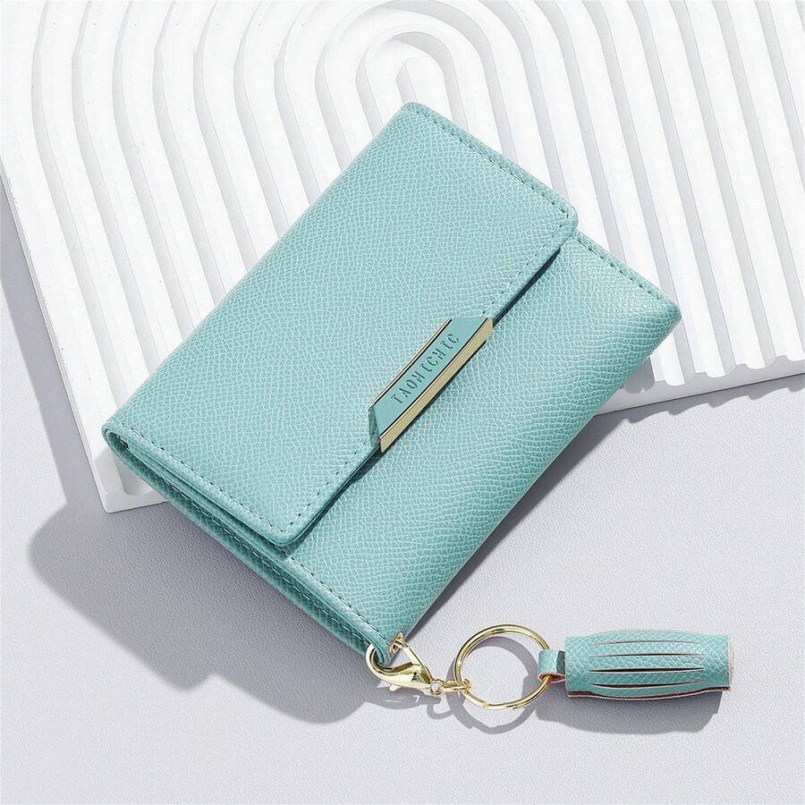 Simple Women's Short Wallet Tasseled Fold Over Snap Closure Trifold Pu ...