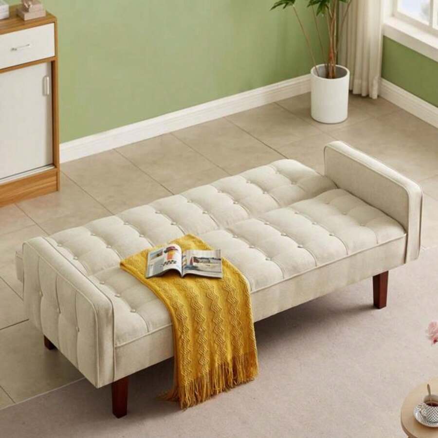 Beige, Linen Futon Sofa Bed 73.62 Inch Fabric Upholstered Convertible ...