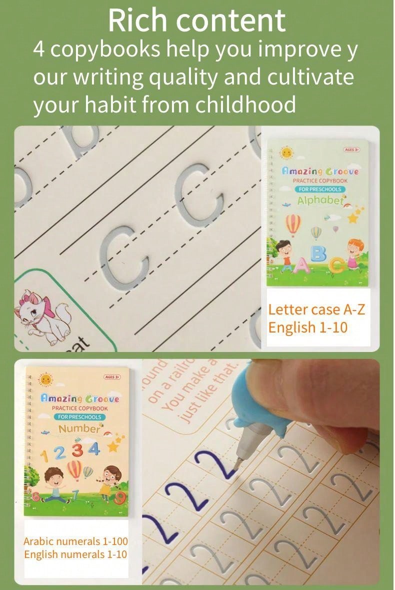 4 Copybook+ 1 Pen Case + 6 Refills + 1 Holder English Groove Magic ...