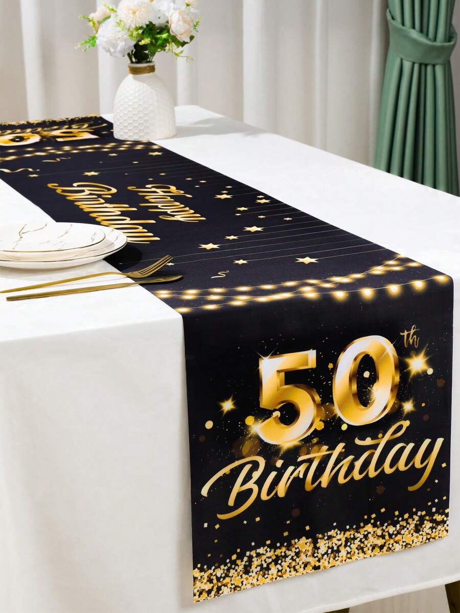 1pc 35*180cm Black Gold 50th Birthday Polyester Material Table Runner ...