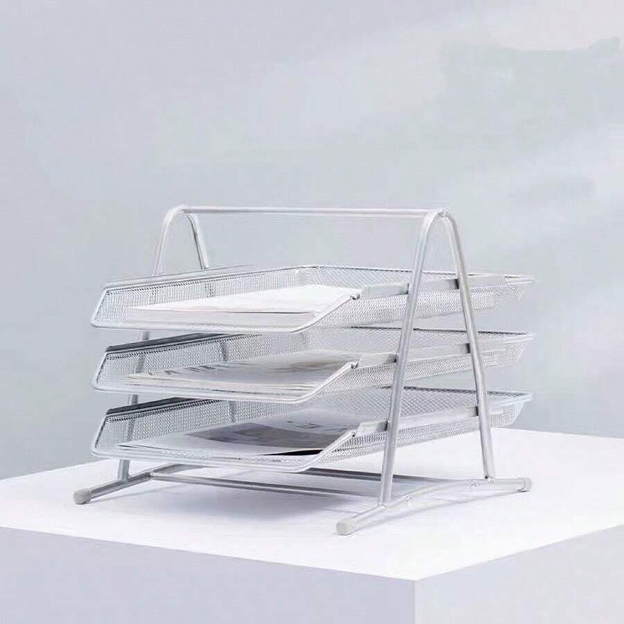 3-Tier Metal Hollow Out Desktop File Rack With Wheels, Office Study ...