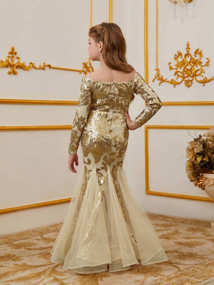 Tween Girl Off Shoulder Sequin Embellished Mesh Mermaid Formal Dress ...