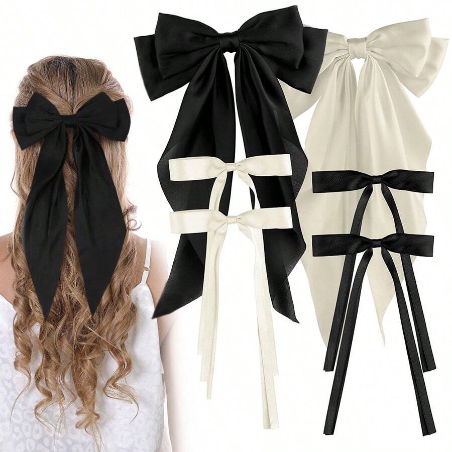 6PCS Hair Ribbon, 4 Small + 2 Large Size Bows For Women With Long Tail ...