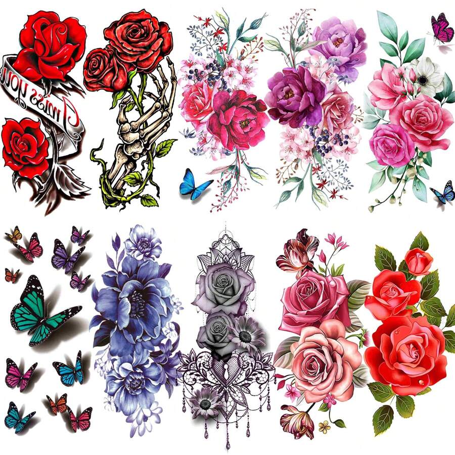 10 Sheets Peony & Rose Temporary Tattoo Sticker For Adult Women's Thigh ...