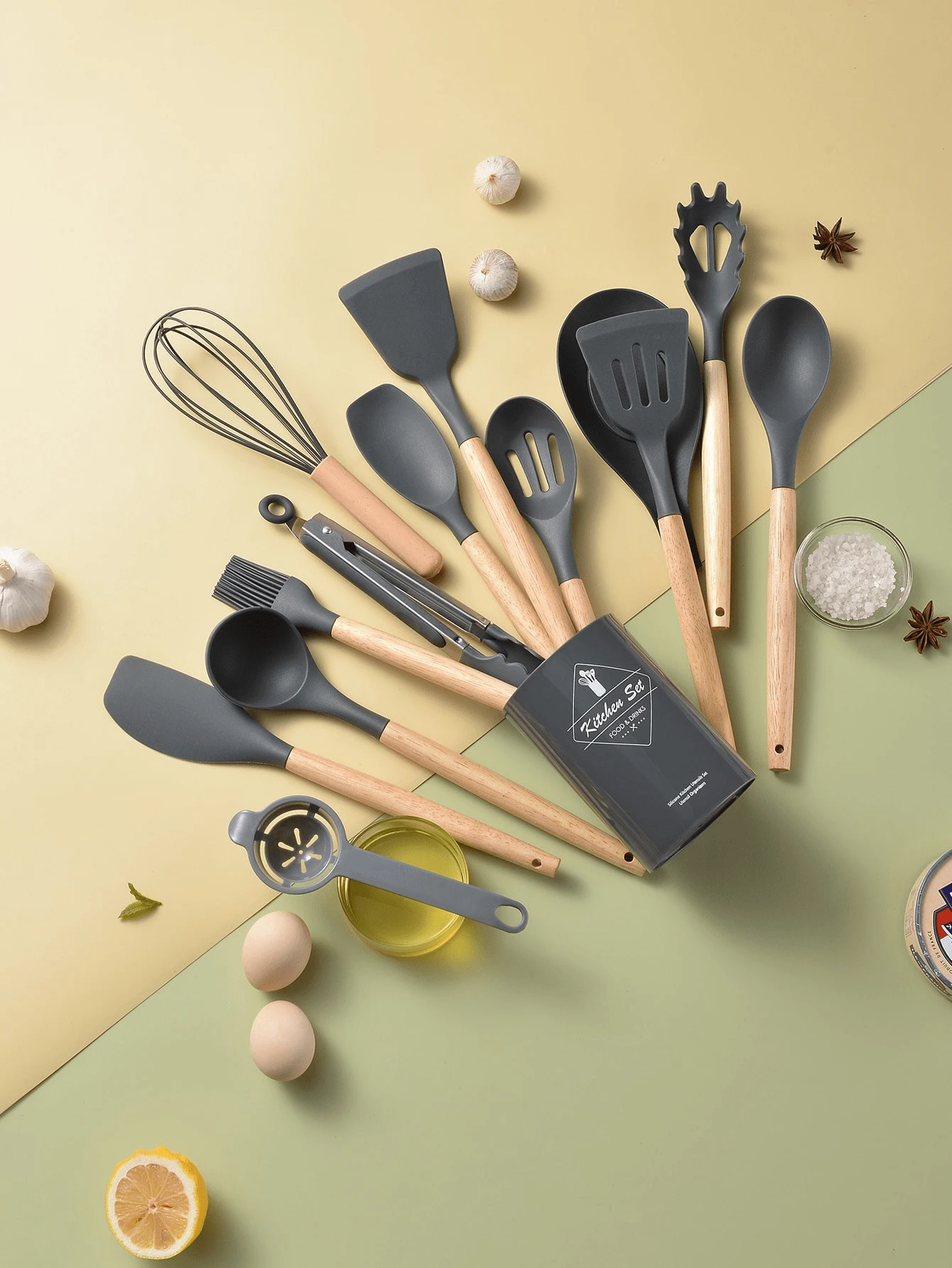 14 Pcs Silicone Cooking Kitchen Utensils Set With Holder, Wooden ...