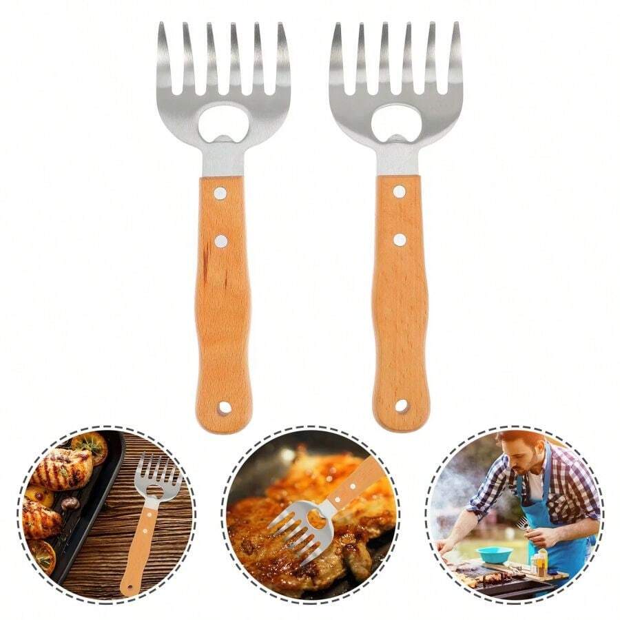 2 Packs Stainless Steel Carving Forks With Wooden Handle Meat Tearer ...