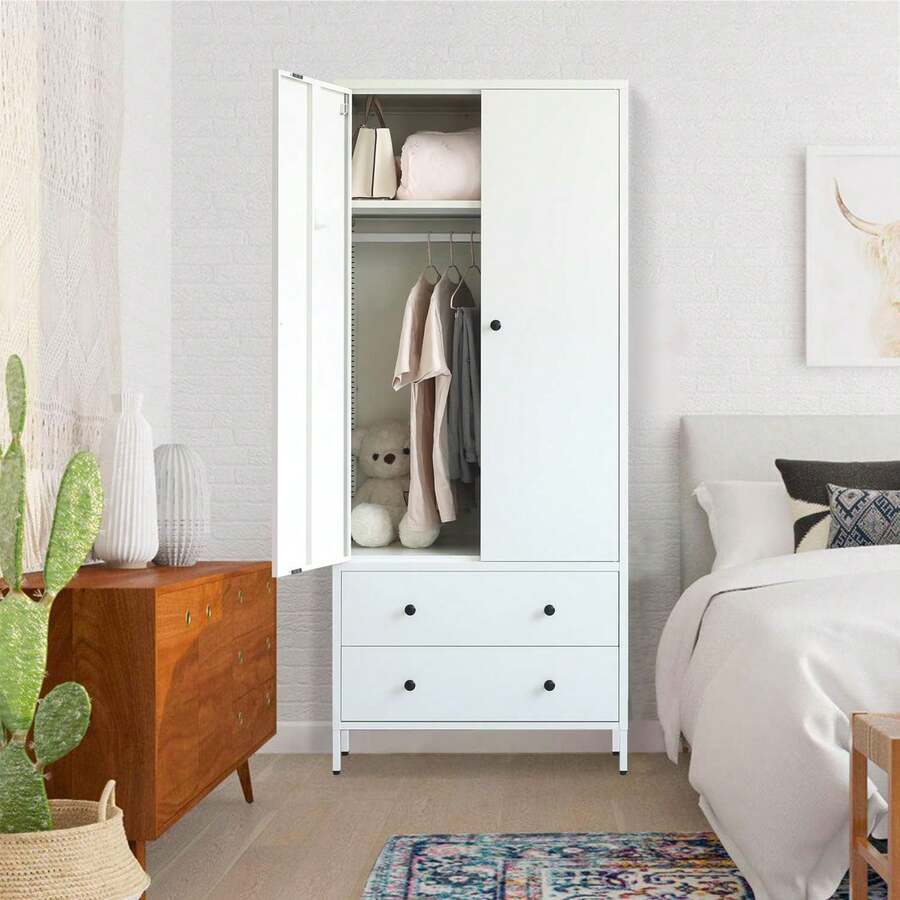 Metal Storage Wardrobe With Hanging Rod, Armoire With 2 Doors And 2 ...